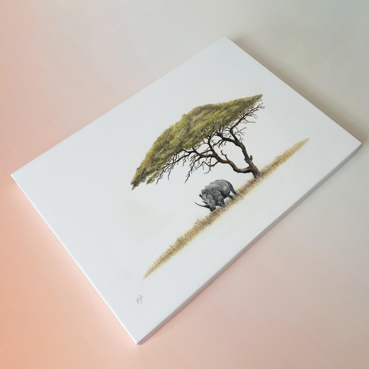 Acacia Tree and White Rhino (AT1) on Canvas – Matthew Bell Wildlife Art